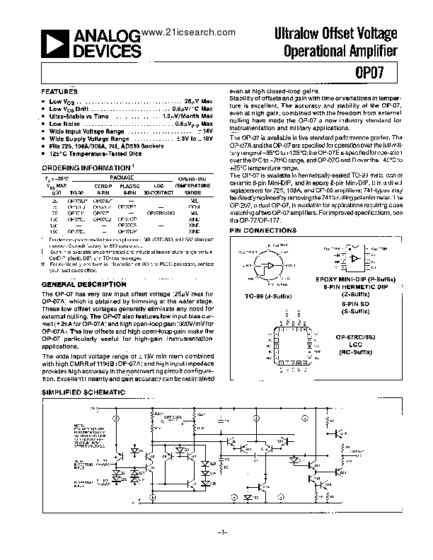 OP07 - DATASHEET 在线预览厂商 OP07 数据手册，datasheet pdf下载 - 21ic电子网